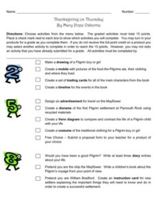 Magic Tree House Thanksgiving on Thursday Reading Response Menu ...
