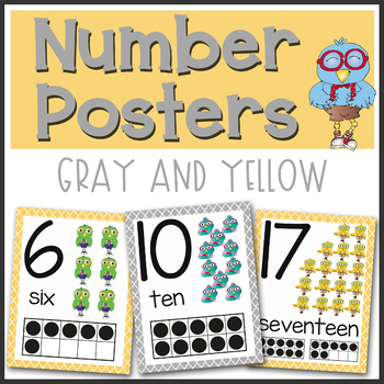 Number Posters 0 to 20 | Gray and Yellow Themed Classroom | | Teaching ...