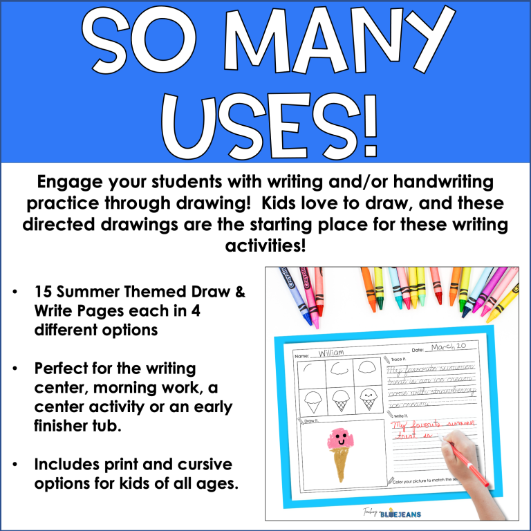 Summer Directed Drawing Writing Prompts + Print & Cursive Handwriting ...