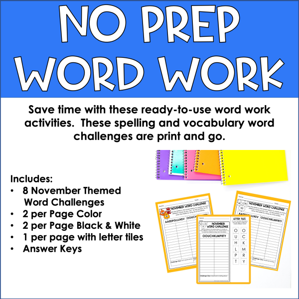 November Word Work Activities – Making Words Spelling Games for Grades ...