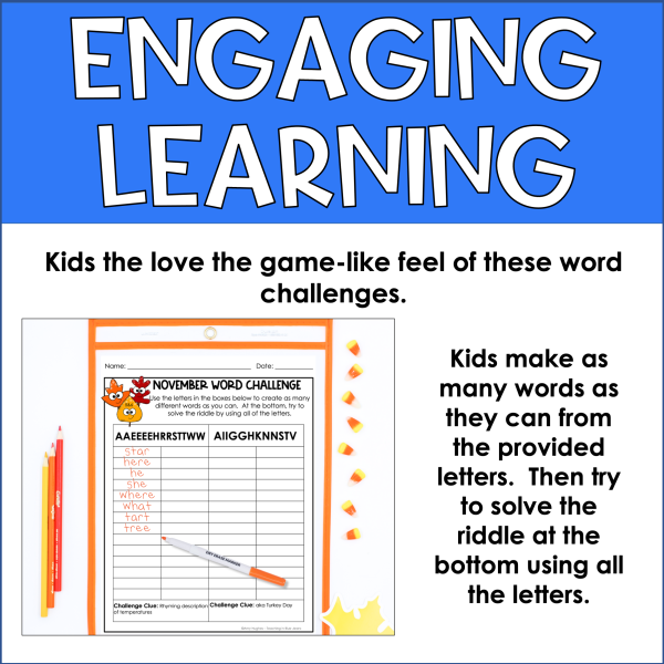 November Word Work Activities – Making Words Spelling Games for Grades ...