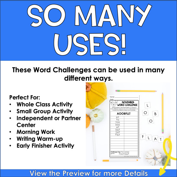 November Word Work Activities – Making Words Spelling Games for Grades ...